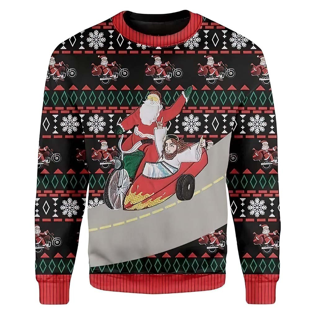 Racing Santa Claus And God Jesus On The Road Christmas Sweater - Nouvette